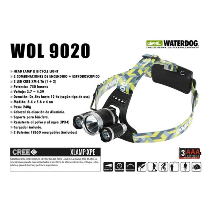 WILDLIFE SPORTS - LINTERNA FRONTAL RECARGABLE WATERDOG WOL9020 750 LUMENS