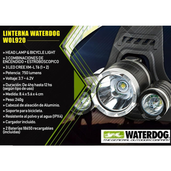 WILDLIFE SPORTS - LINTERNA FRONTAL RECARGABLE WATERDOG WOL9020 750 LUMENS